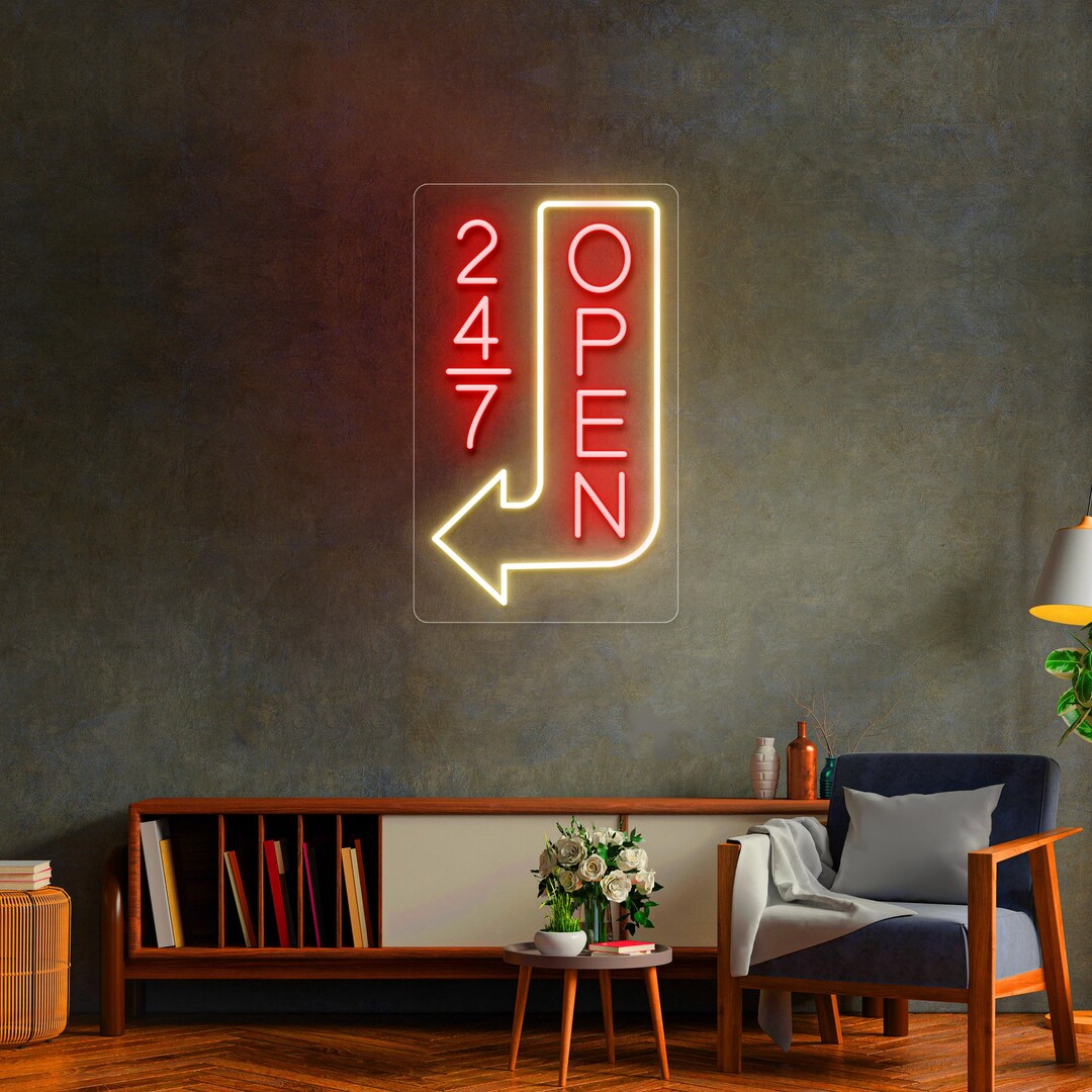 Open 24/7 Neon Outdoor Bar Arrow Sign, LED Neon Sign for Businesses ...