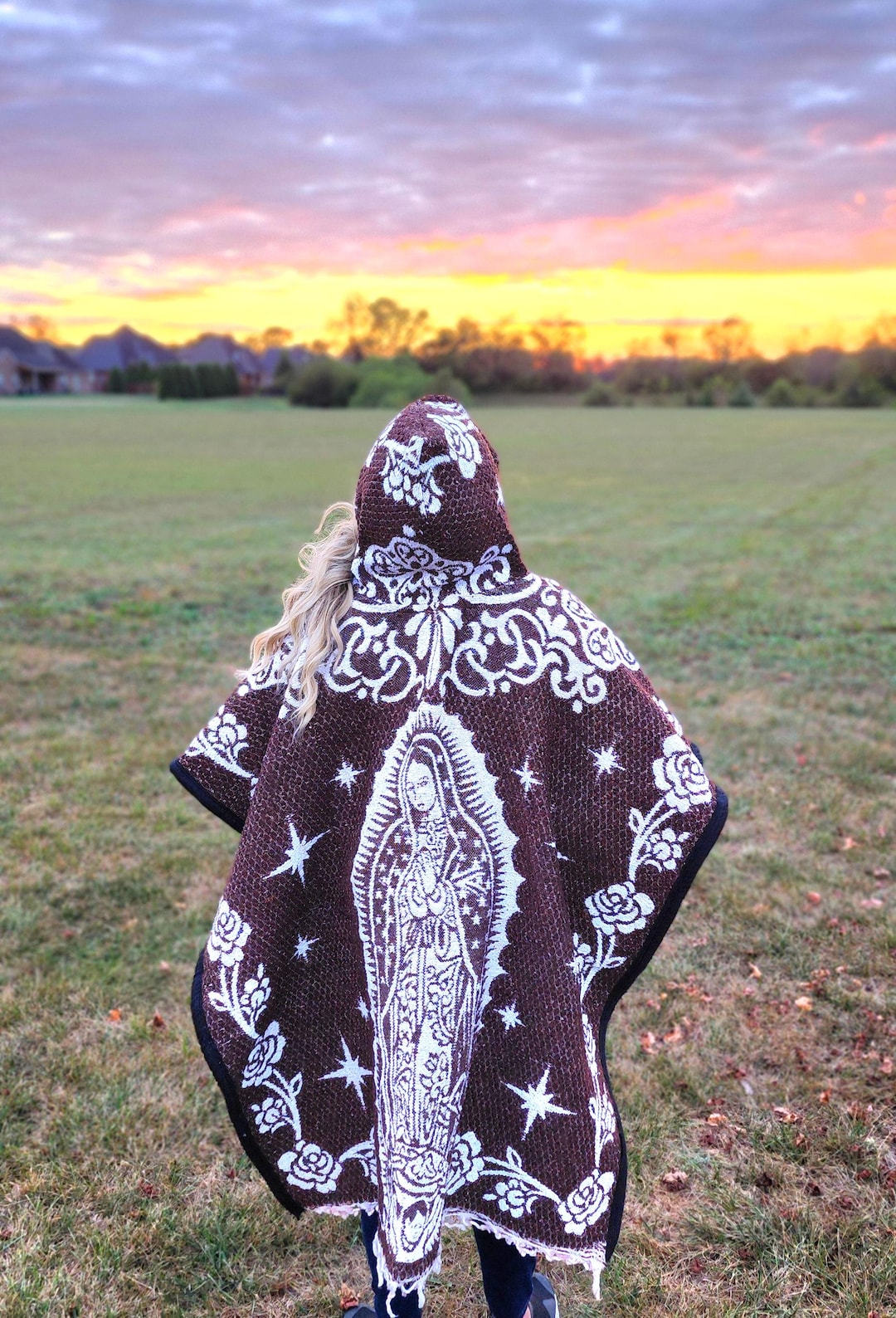 Guadalupe Virgin Brown THICK Poncho With Hat Handmade Blanket Soft Warm ...