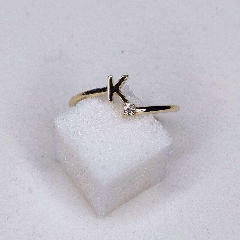 14k Dainty Gold Personalized Letter K Ring With Natural Diamond ...