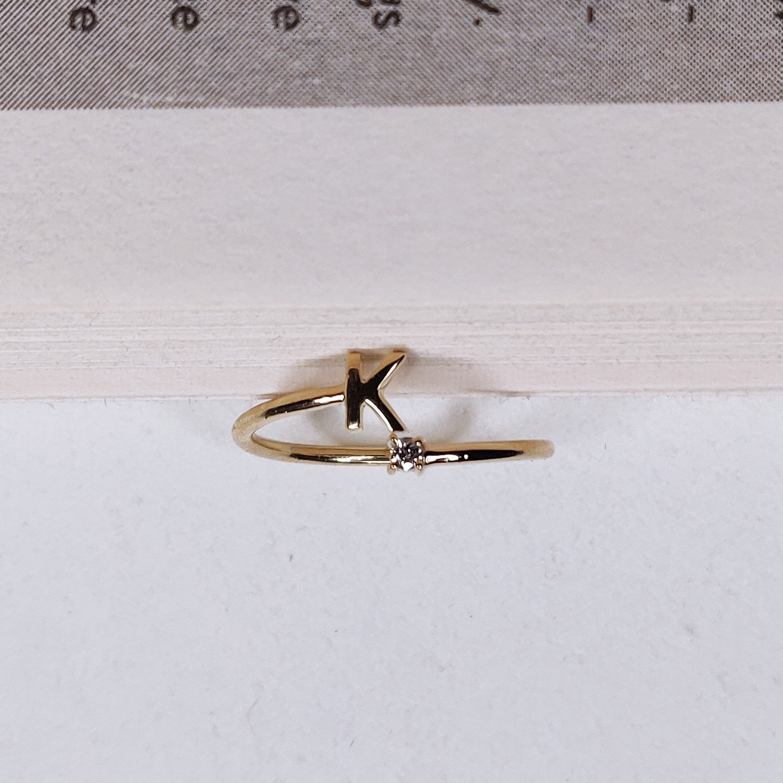 14k Dainty Gold Personalized Letter K Ring With Natural Diamond ...