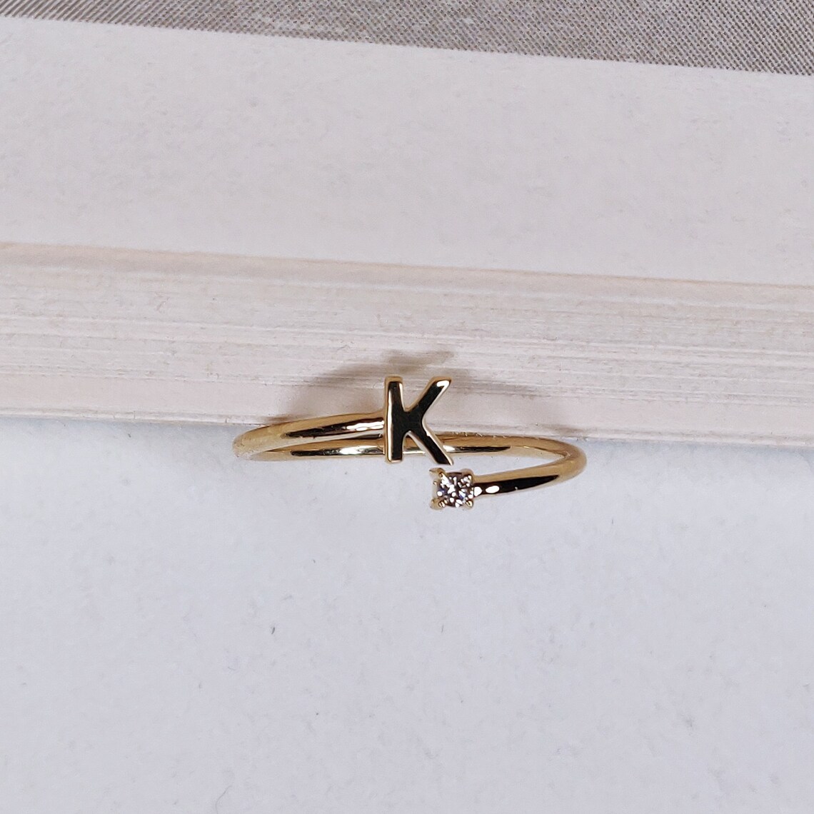 14k Dainty Gold Personalized Letter K Ring With Natural Diamond ...