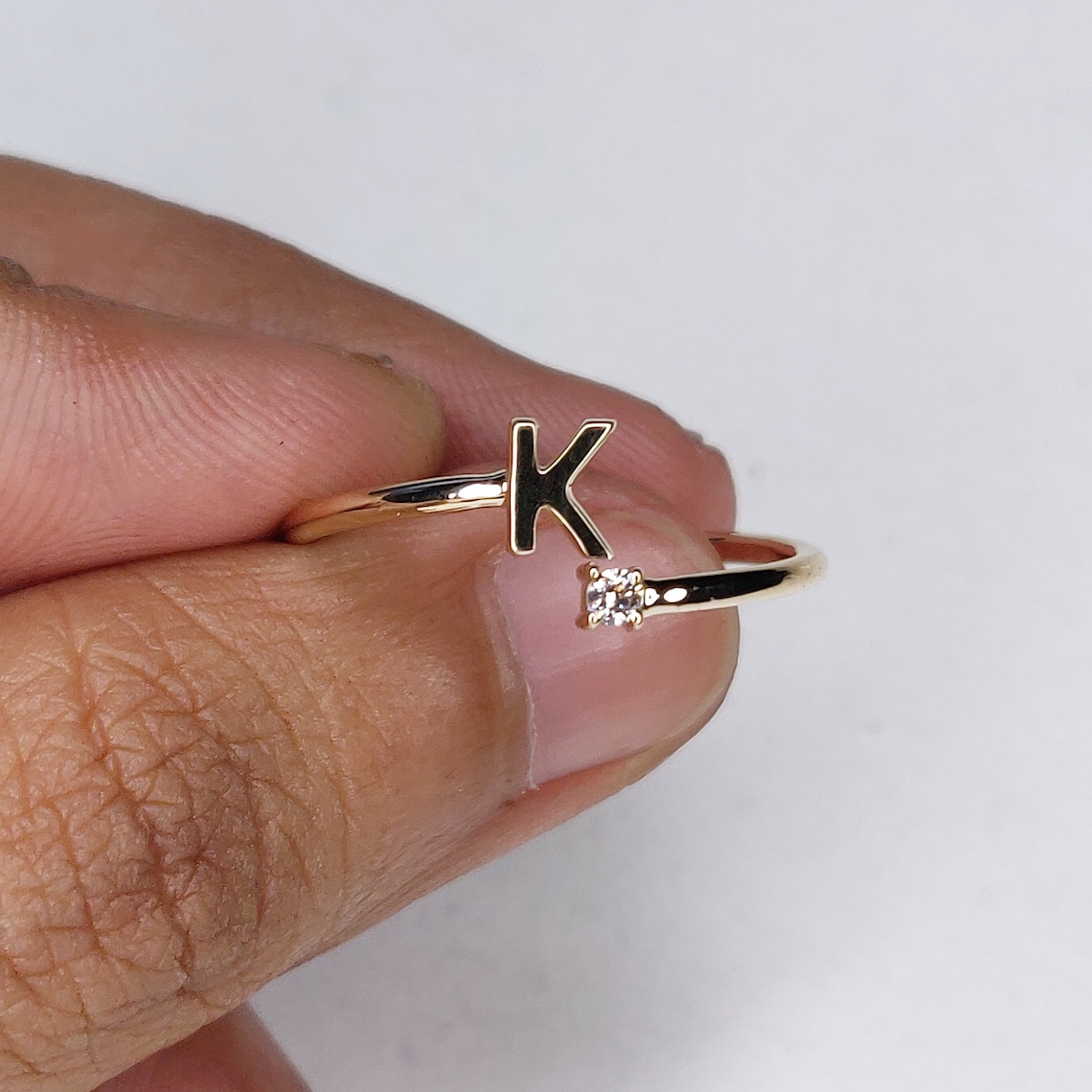 14k Dainty Gold Personalized Letter K Ring With Natural Diamond ...