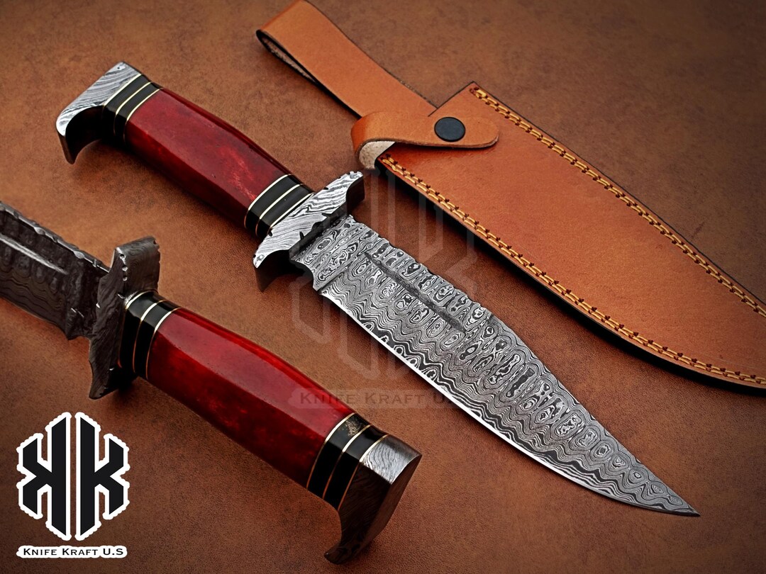 Hand-forged Damascus Bowie Knife - Redwood & Black Resin Handle ...