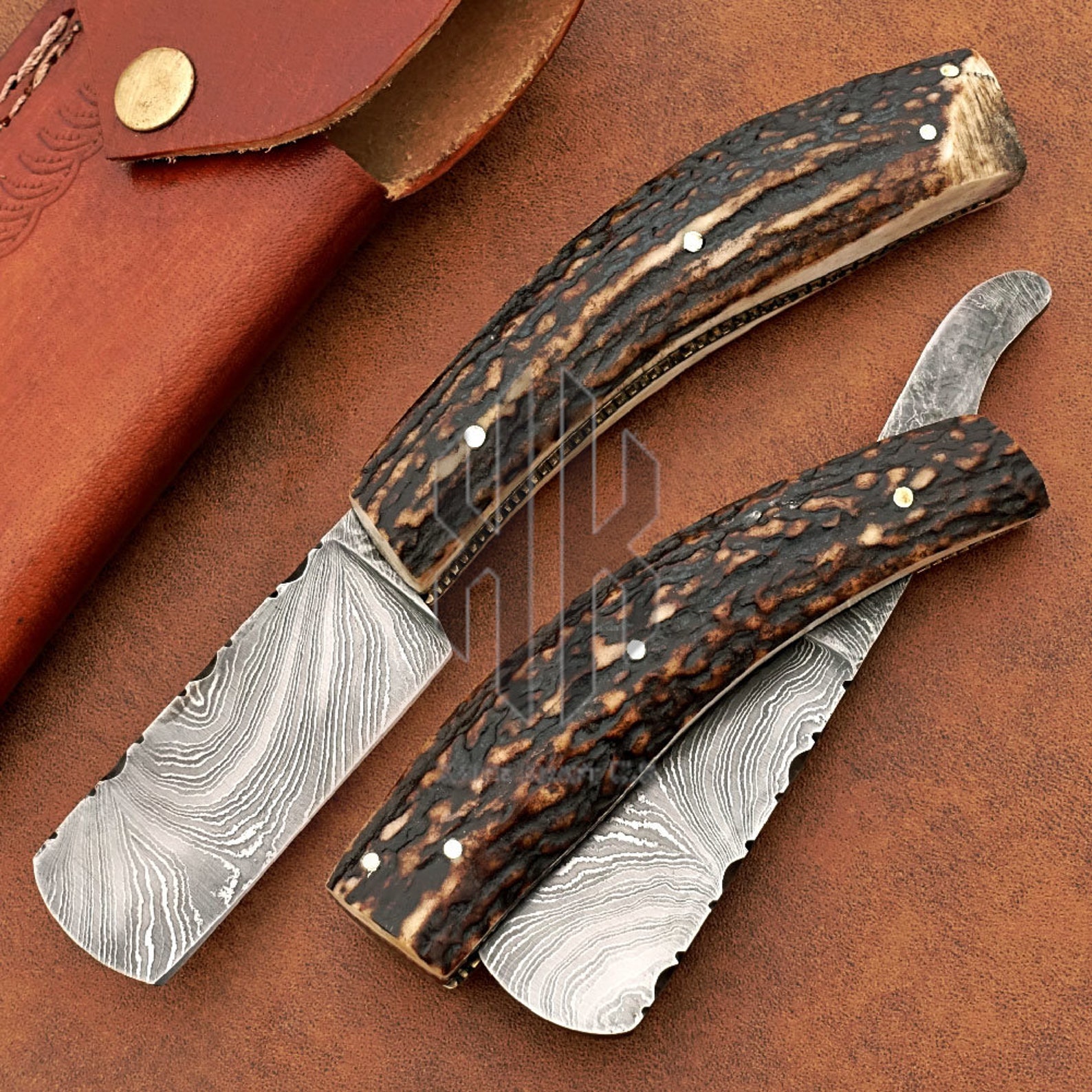 Hand-forged Damascus Razors for Barbers With Stag Horn Handle - Shaving ...