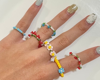 Seed Bead Rings Set Cute Danity Bead Rings Colorful Trendy Summer ...