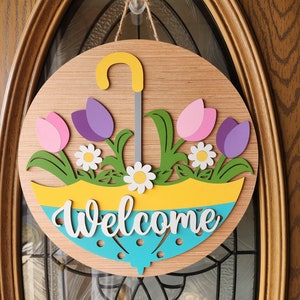Spring Welcome Sign Door Hanger Laser Cut Sign Round Door Hanger Door ...