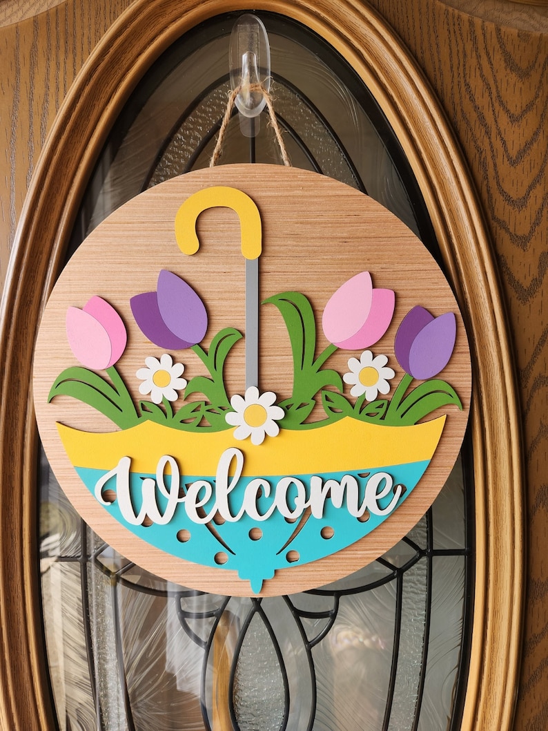 Spring Welcome Sign | Door Hanger | Laser Cut Sign | Round Door Hanger ...