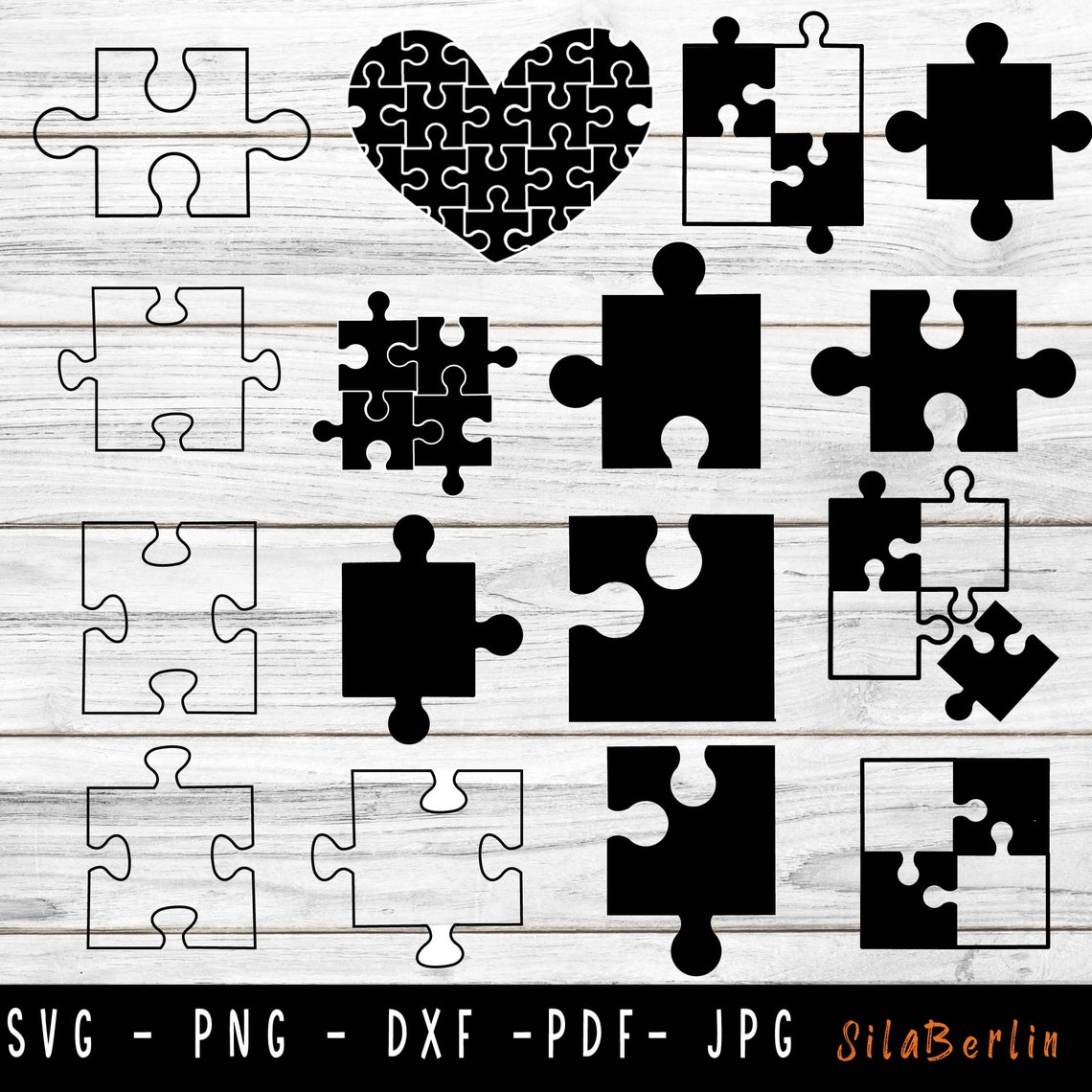 Puzzle Pieces Vector Clipart: Heart Puzzle SVG PNG DXF (digital ...