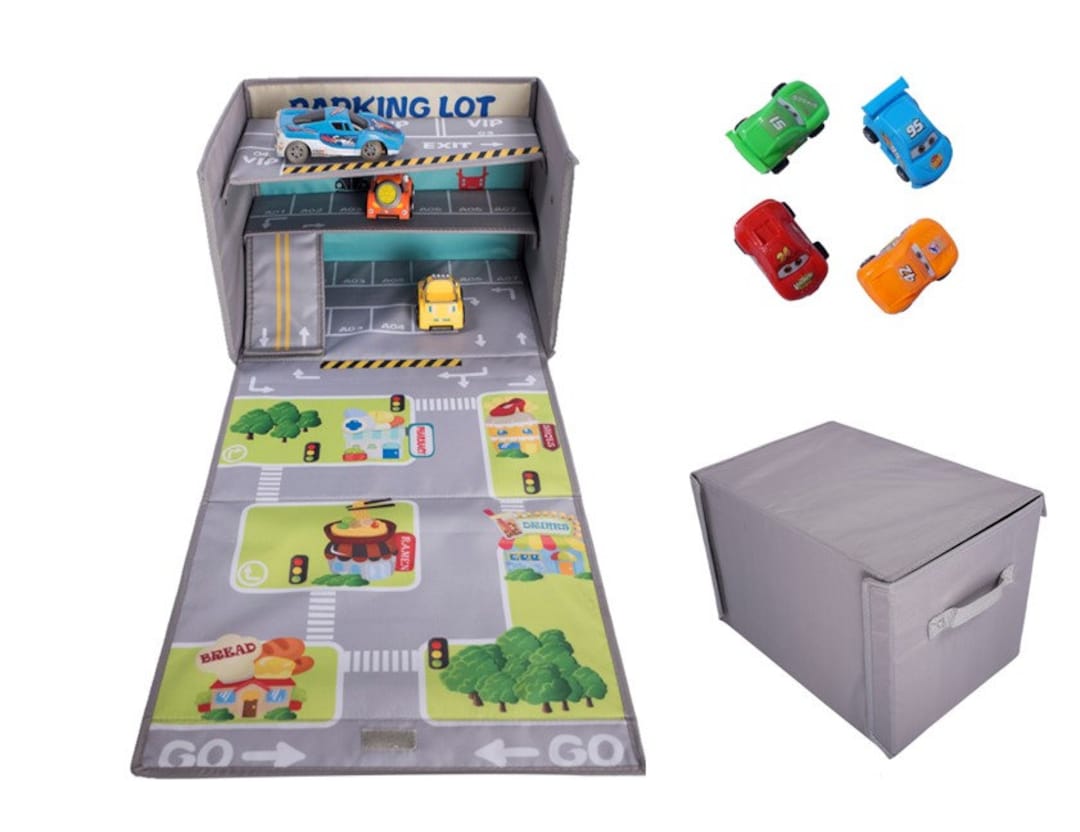 Multi Storey Car Garage Toy Box With Play Mat Lightweight Foldable Kids ...