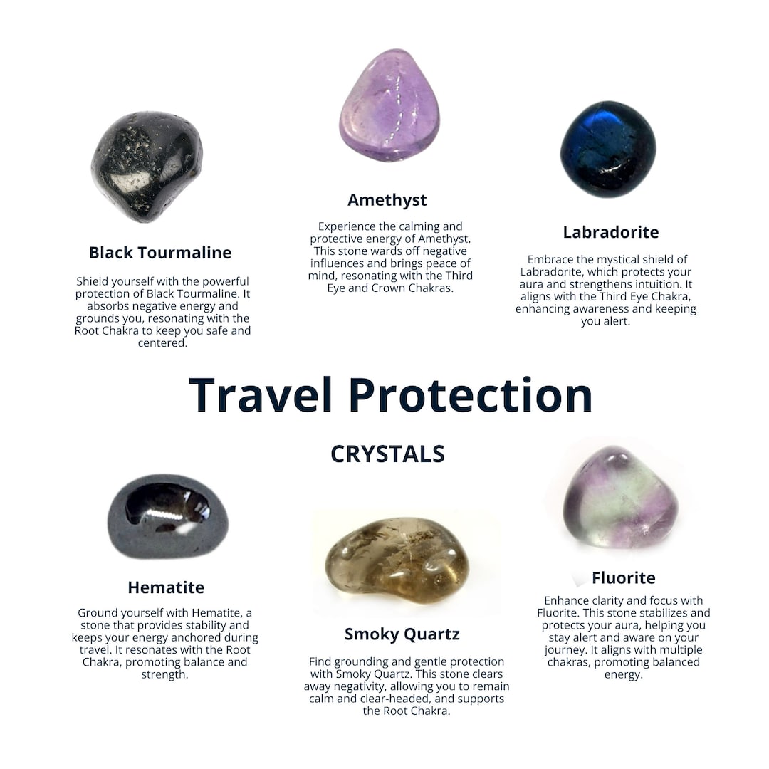TRAVEL PROTECTION CRYSTALS Set, Black Tourmaline, Amethyst, Labradorite ...