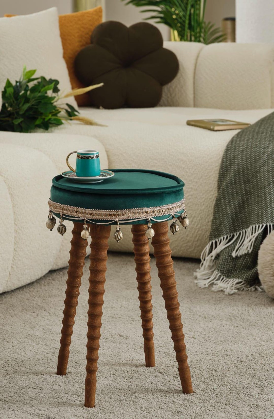 Ottoman-style Green Velvet Pouf & Side Table With Tassels – Handmade ...