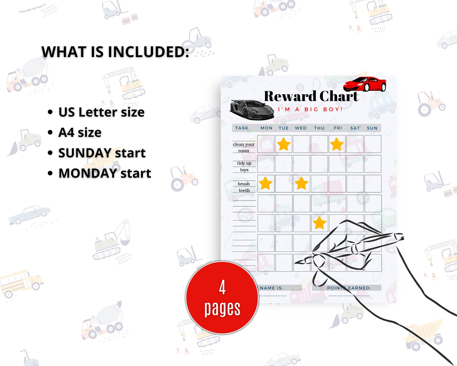 Cars Reward Chart for Kids Sticker Chart Kids Routine Printable Sticker ...