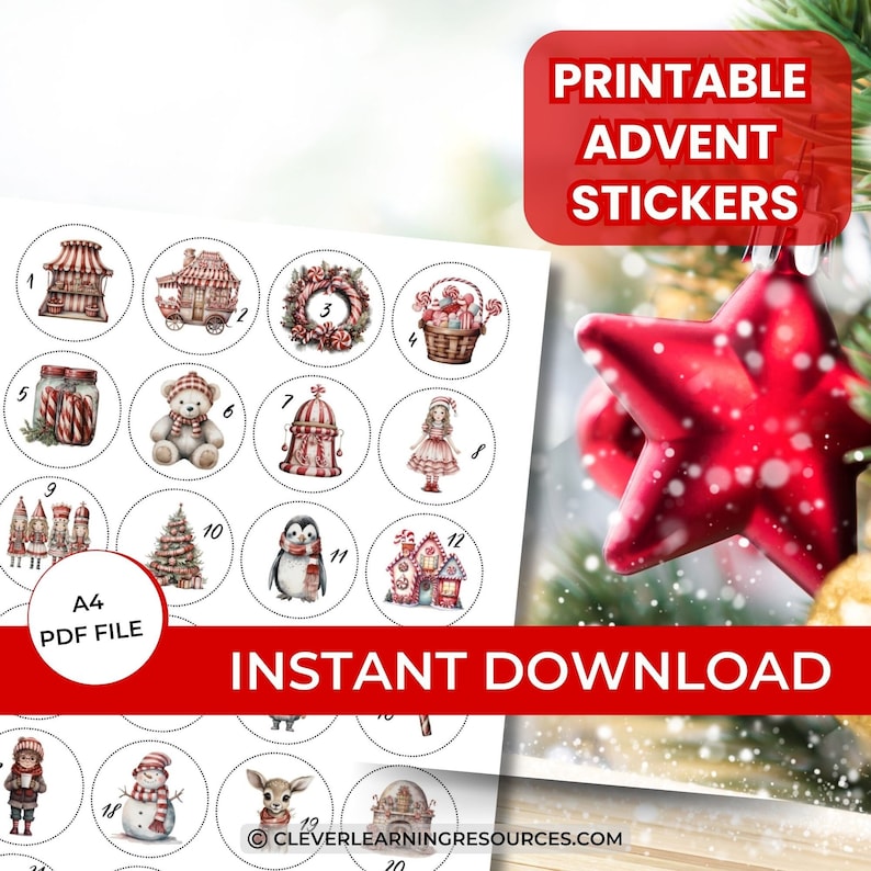 Printable Christmas Advent Calendar Stickers Candy Cane Xmas Numbers ...