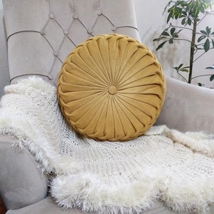 Yellow Round Velvet Decorative Pillow, Throw Velvet Fabric Cushion ...