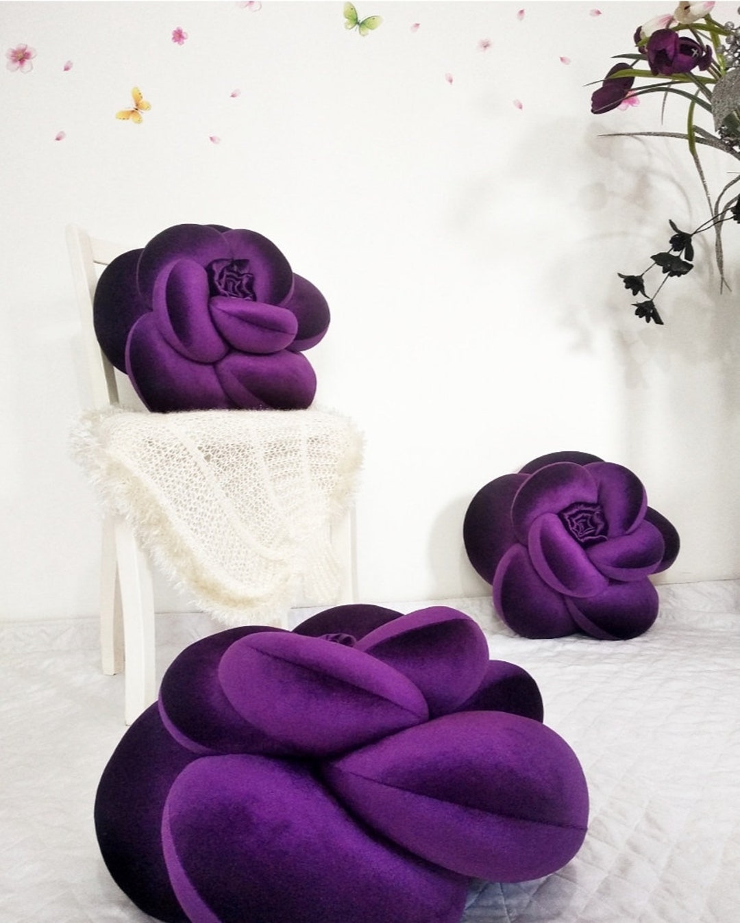 Purple Rose Pillow Throw Velvet Fabric Pillow Purple Flower - Etsy