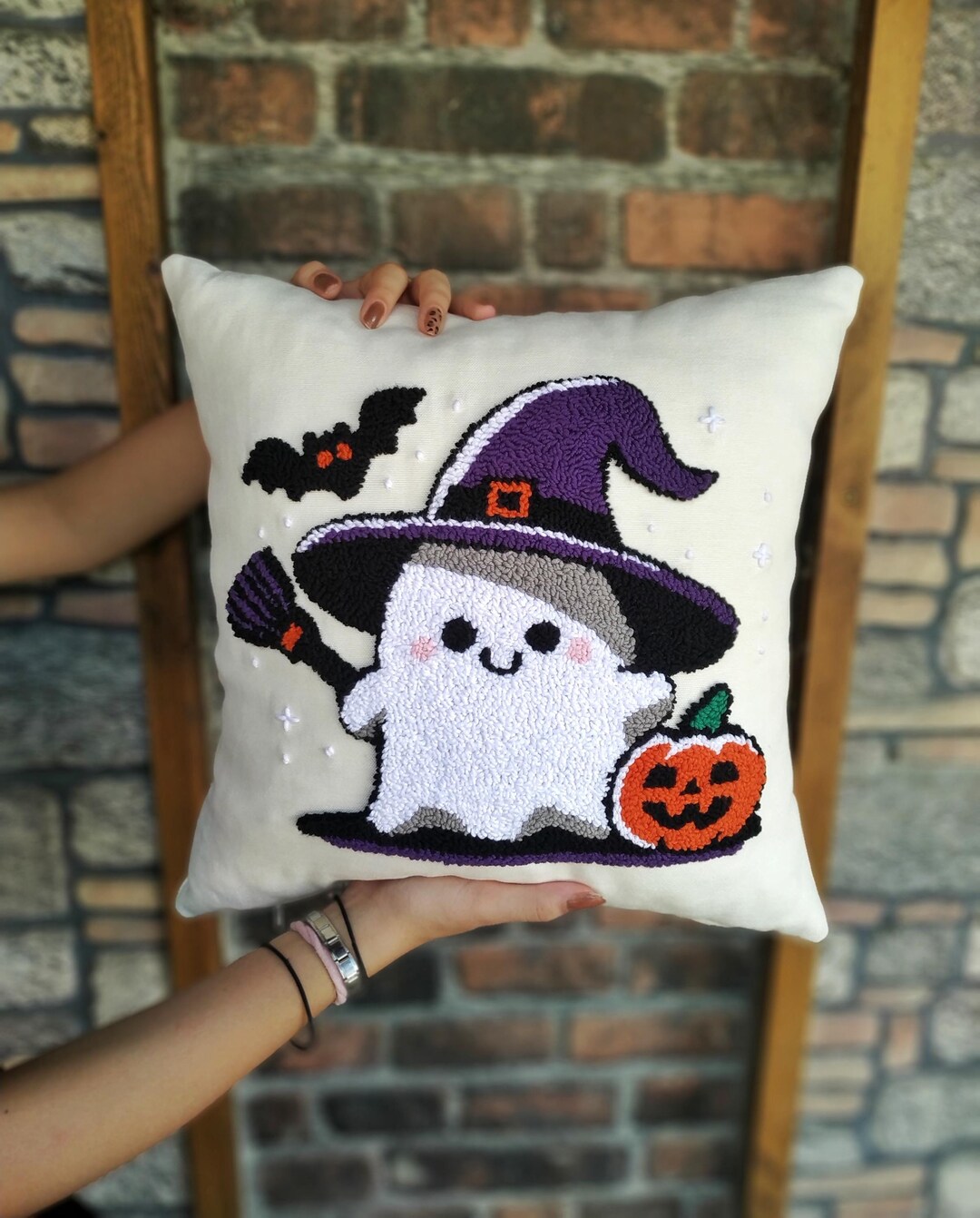 Adorable Ghost Punch Needle Pillow Halloween Decor Kids Room 16x16 Inch ...
