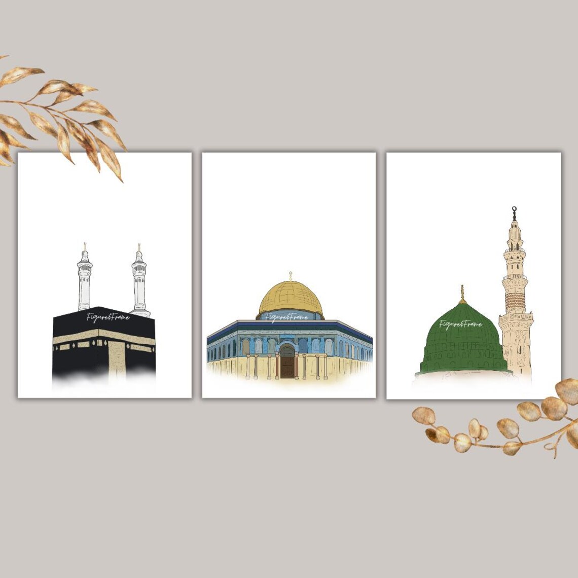 Three Holy Mosques Islamic Art Print, Muslim Prayer Room Decor (digital ...