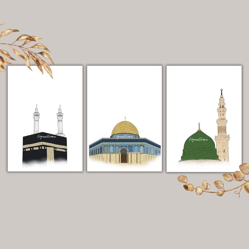 Three Holy Mosques, Islamic Art, Kabah Nabawi Al Asqa, Dome of Rock ...
