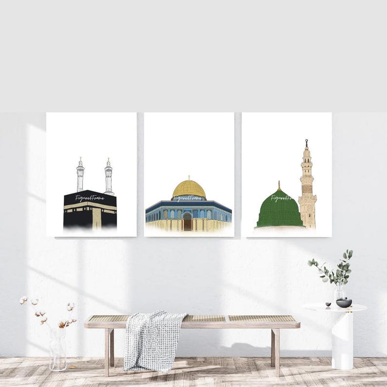 Three Holy Mosques, Islamic Art, Kabah Nabawi Al Asqa, Dome of Rock ...