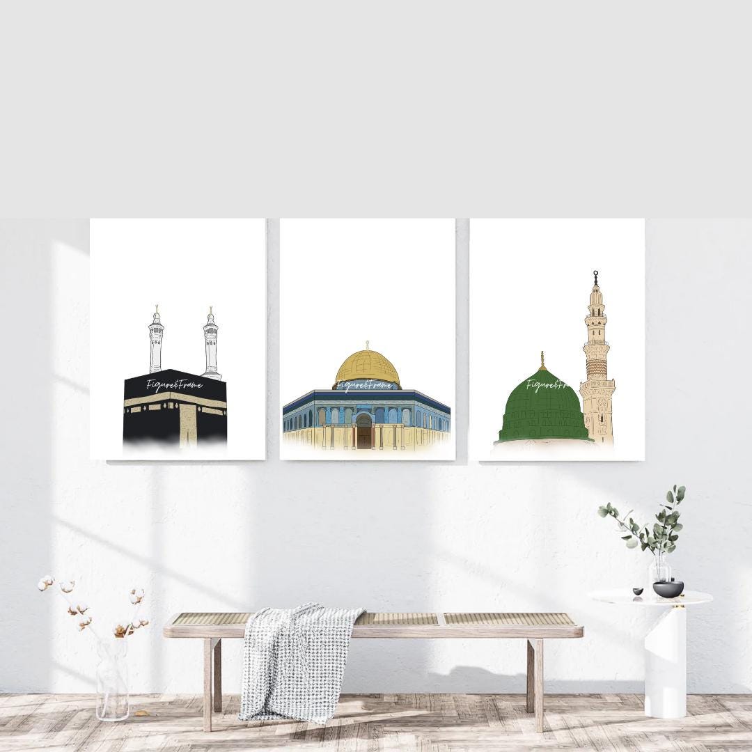 Three Holy Mosques, Islamic Art, Kabah Nabawi Al Asqa, Dome of Rock ...