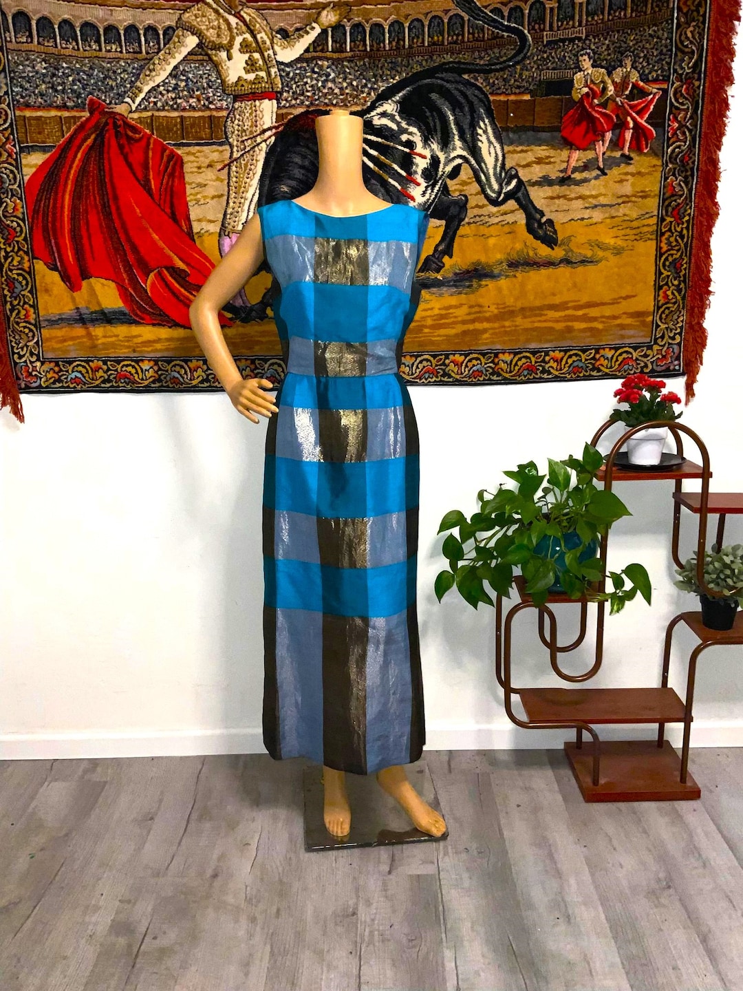 Vintage 50s Metallic Jewel Tone Teal Checkerboard Wiggle Maxi Dress ...