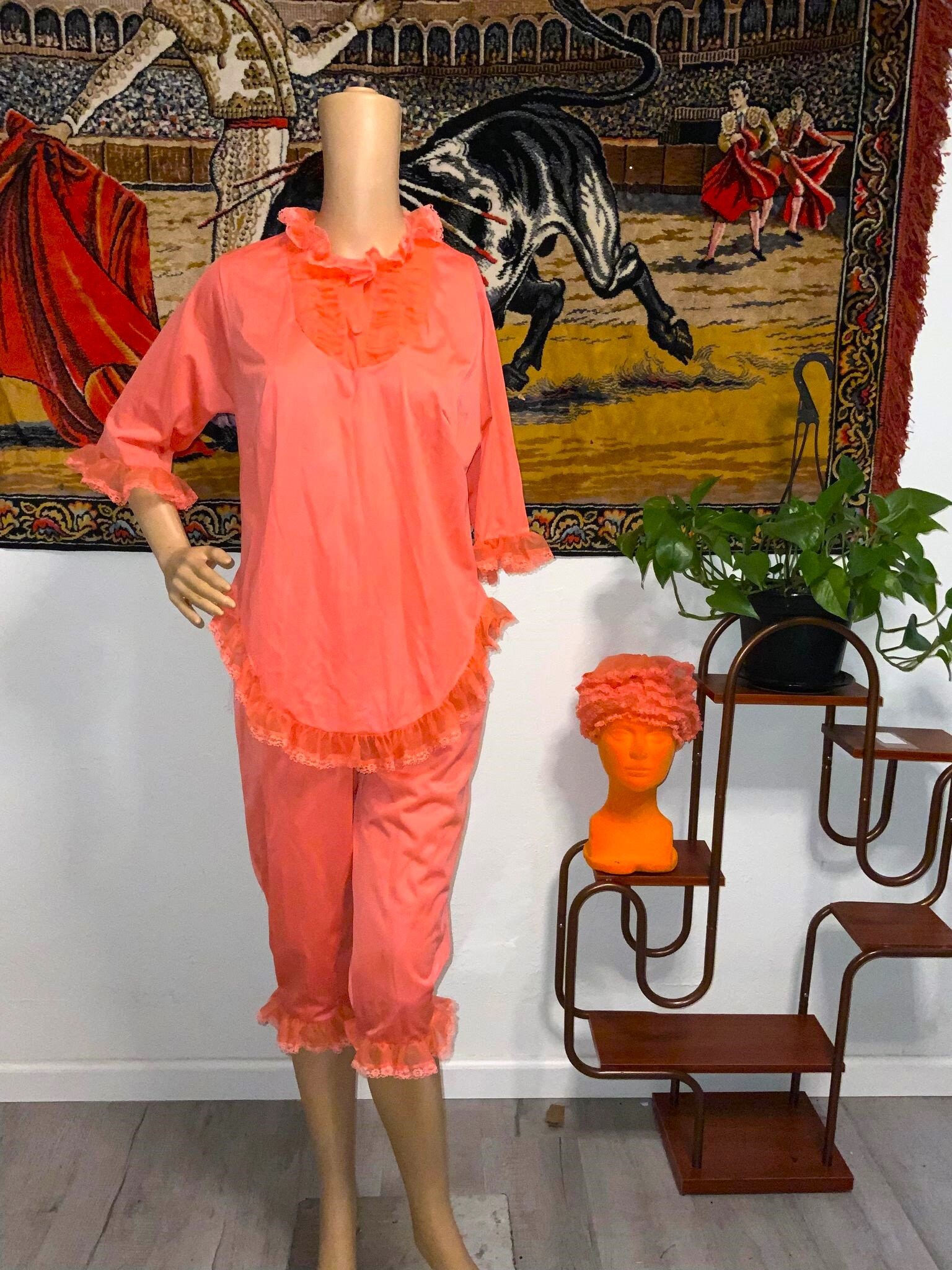 Vintage 3 Piece Jer Marai Pink Ruffled Chiffon Pajama Set Including Top ...