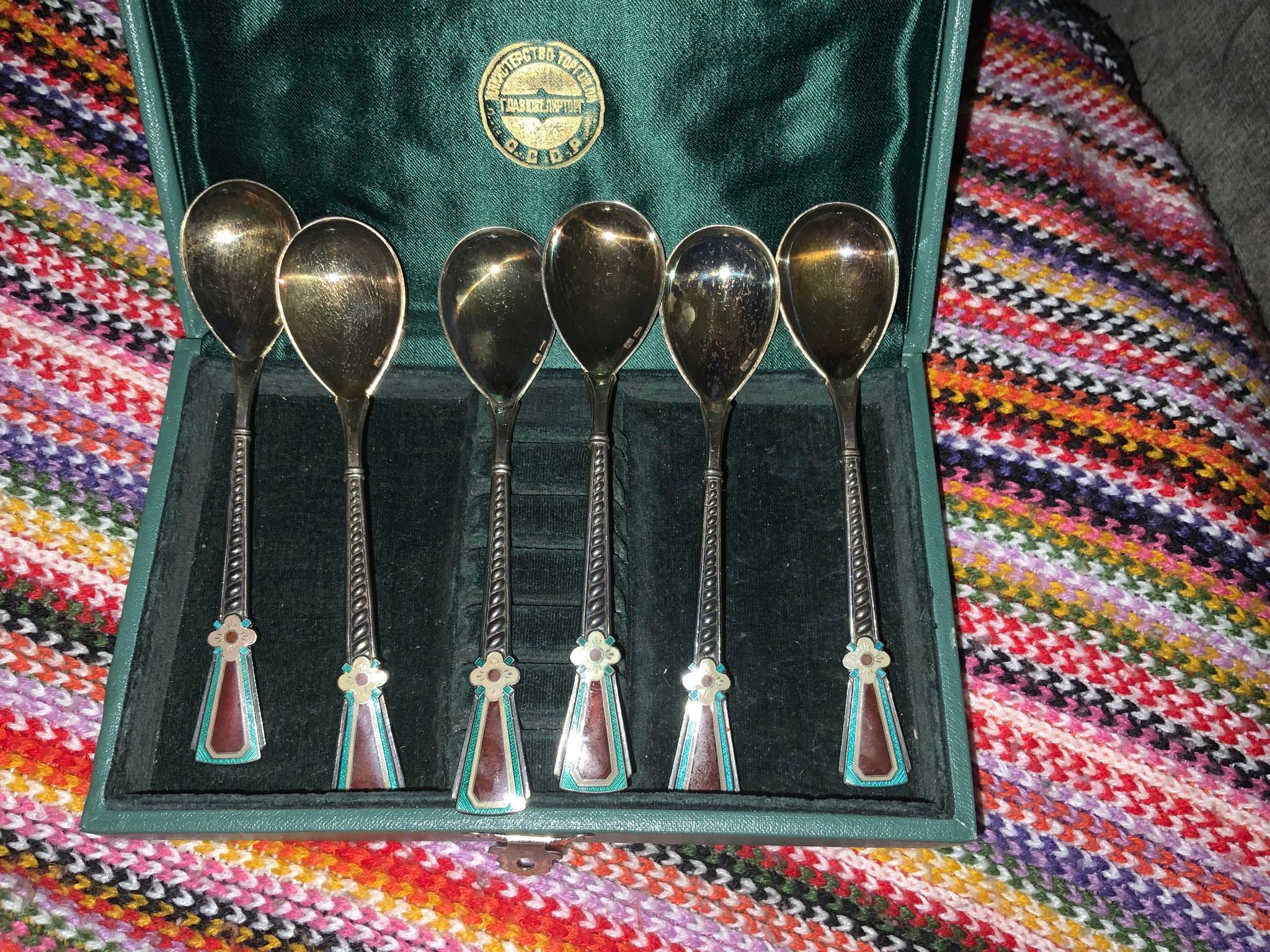 Antique Set of 916 Enamel Russian Silver Dessert Spoons in Original Box ...