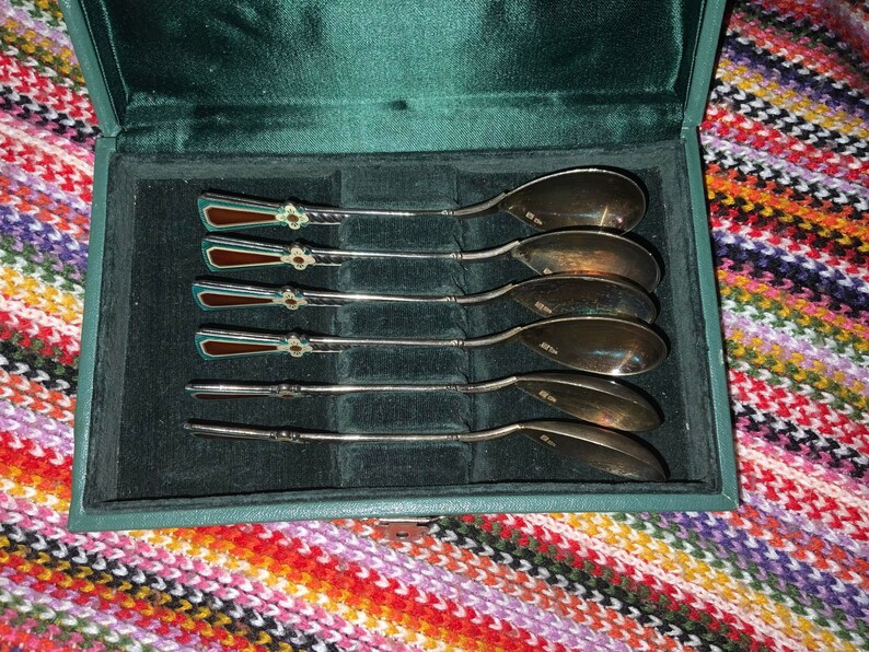 Antique Set of 916 Enamel Russian Silver Dessert Spoons in Original Box ...