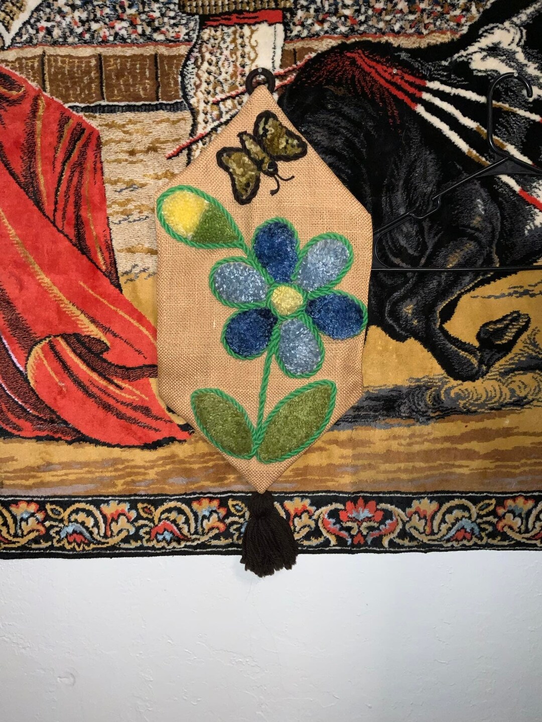 Vtg Wall Hanging Tapestry 1970’s Art Craft Shag Carpet Burlap Flowers ...