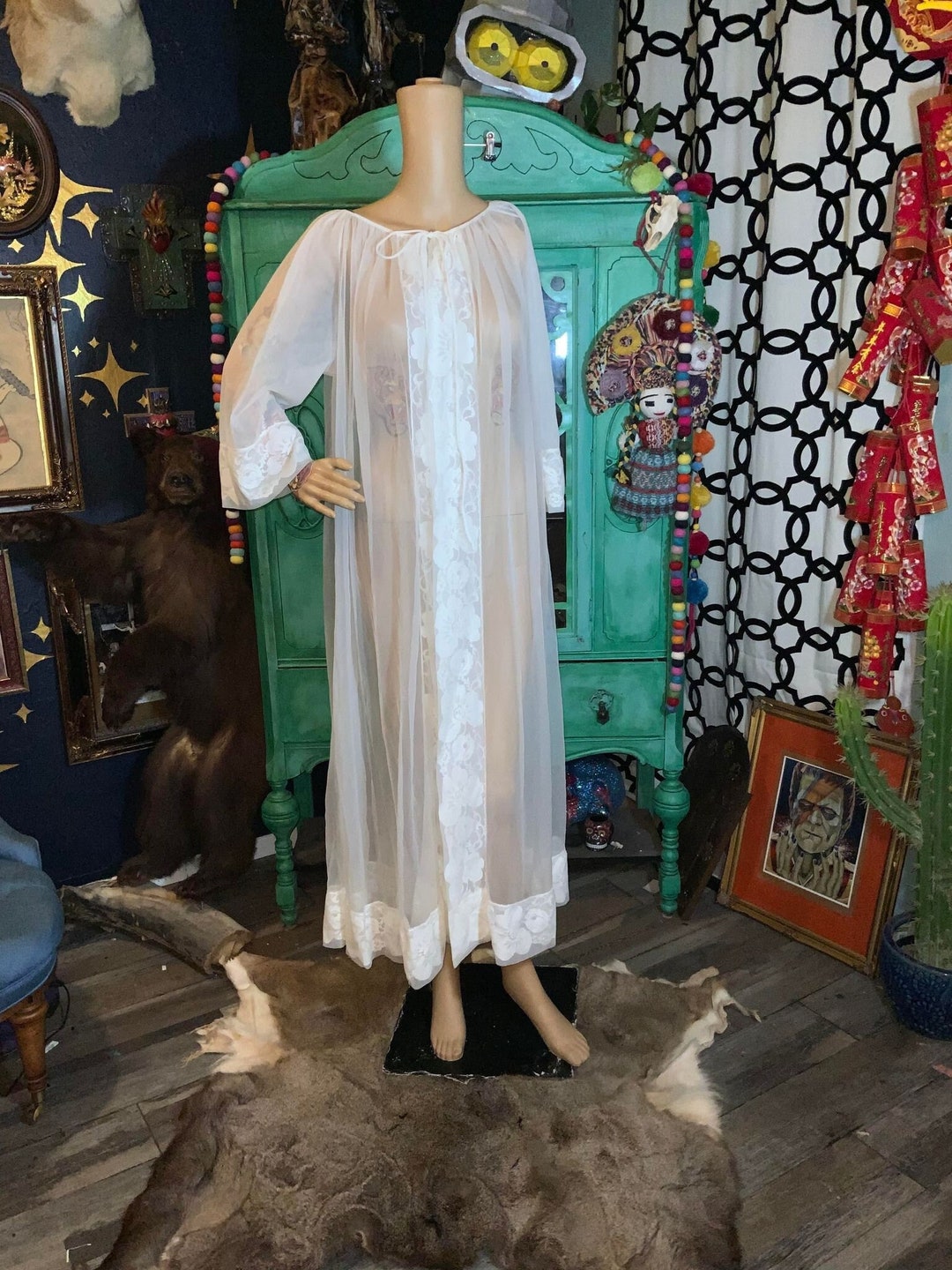 Vintage 1950s Miss Elaine Double Nylon and Lace Chiffon Lingerie Robe ...