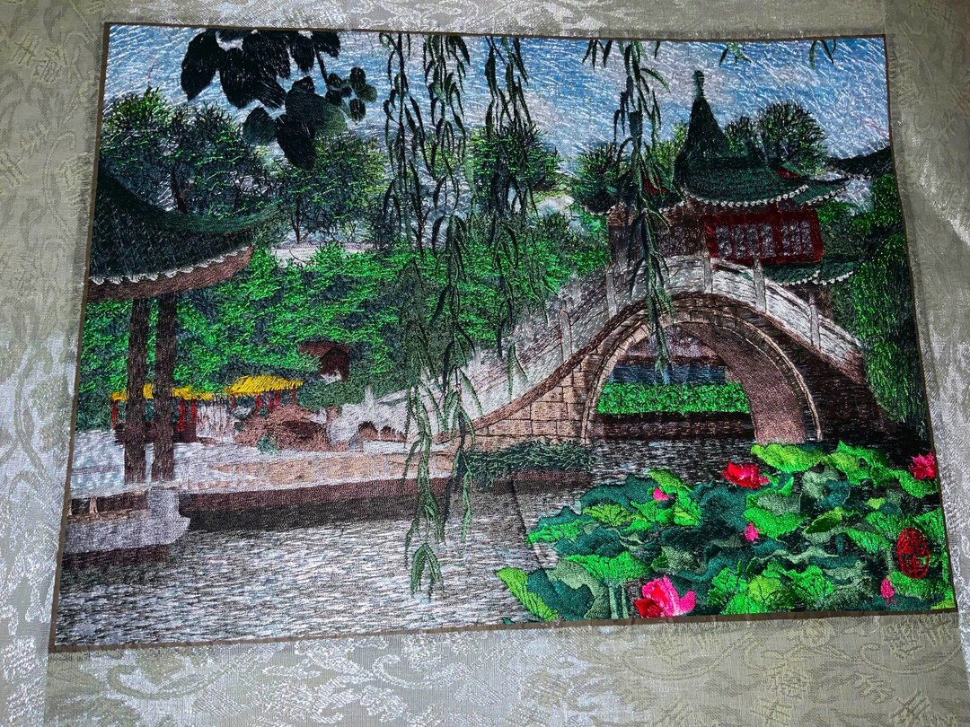 Vintage Oriental Embroidered Panel: Pagoda Bridge Artwork - Etsy