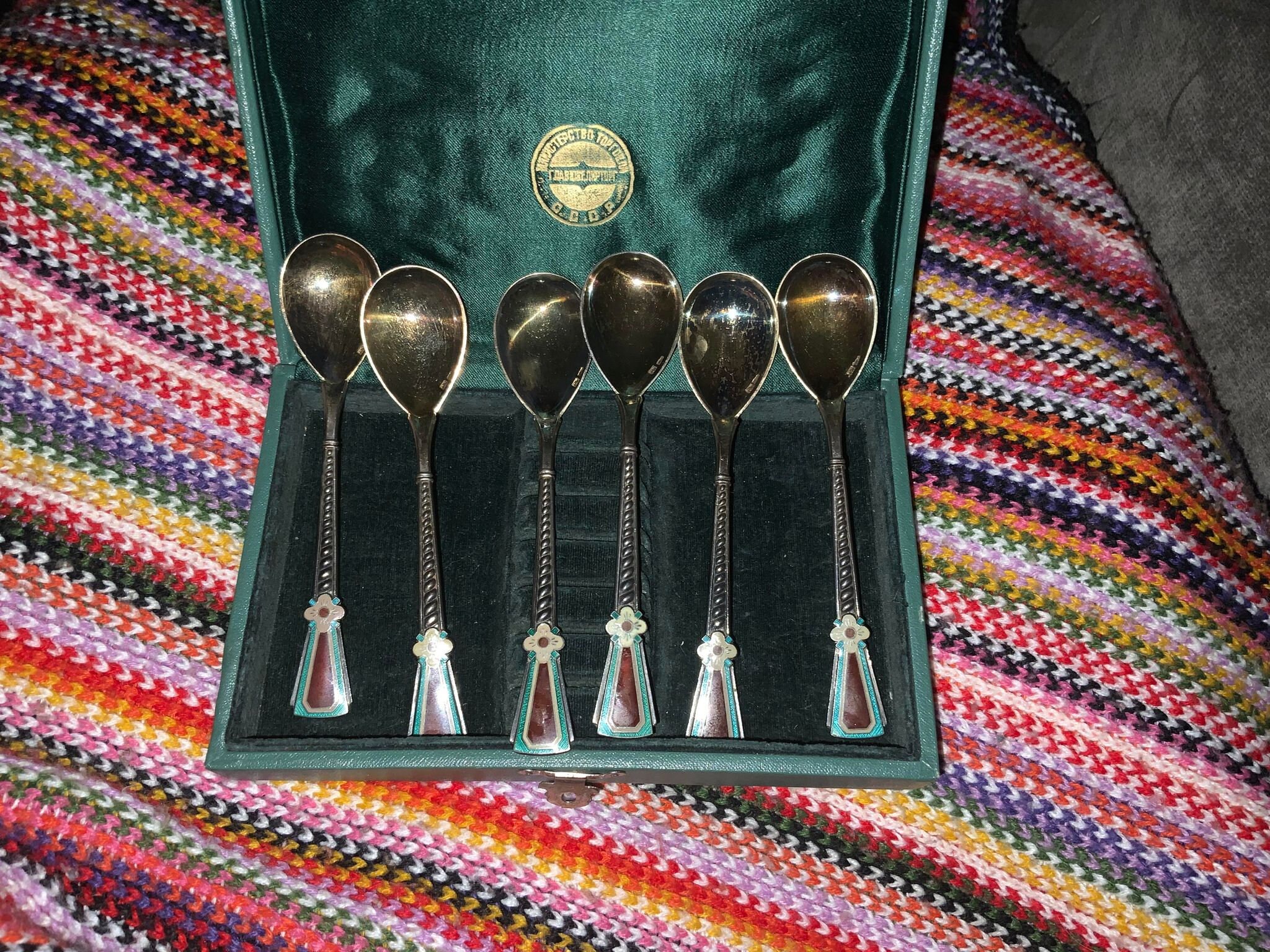 Antique Set of 916 Enamel Russian Silver Dessert Spoons in Original Box ...