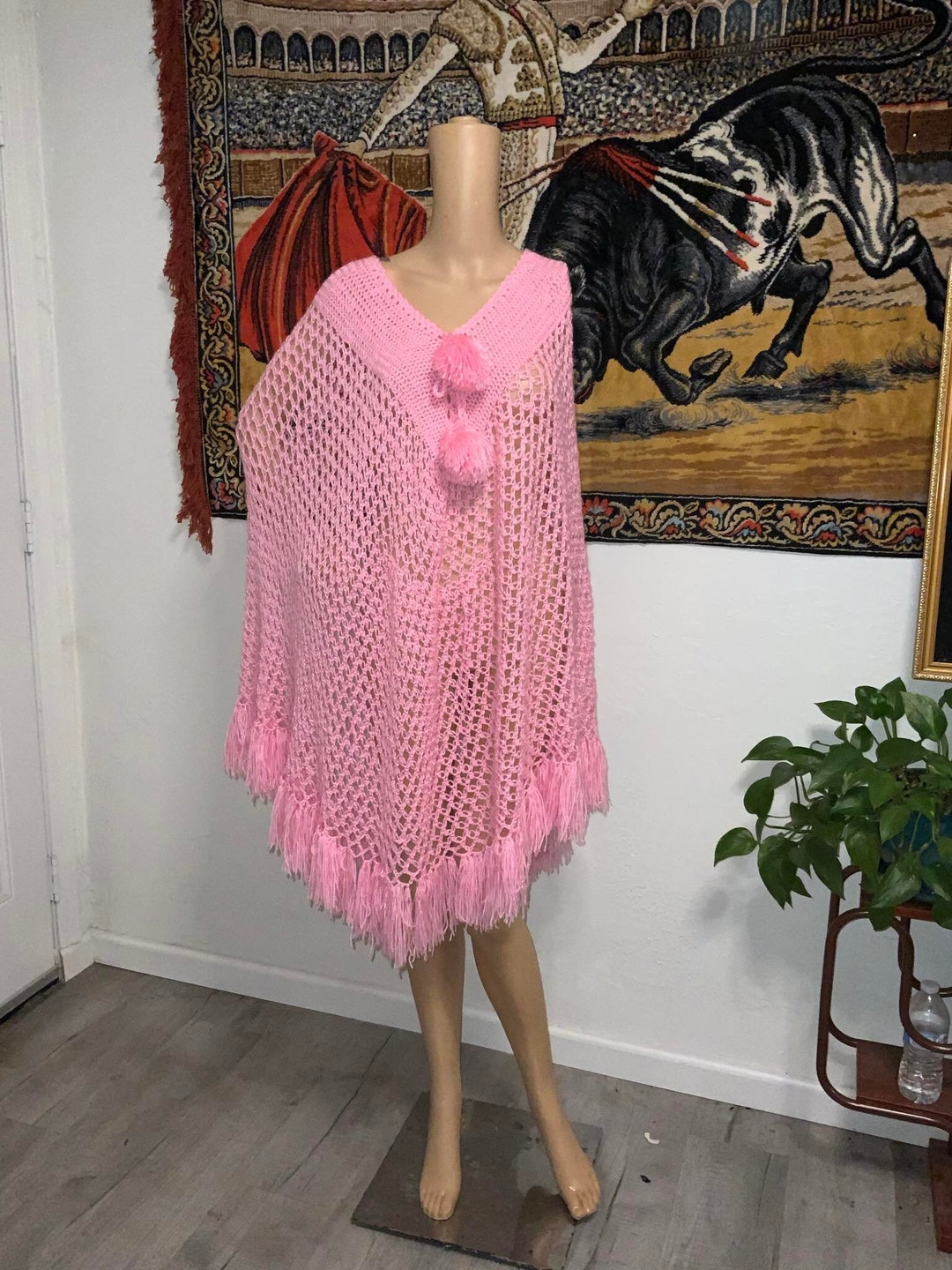 Vintage Large and Long Hand Made Pink Crochet 70s Poncho - Etsy