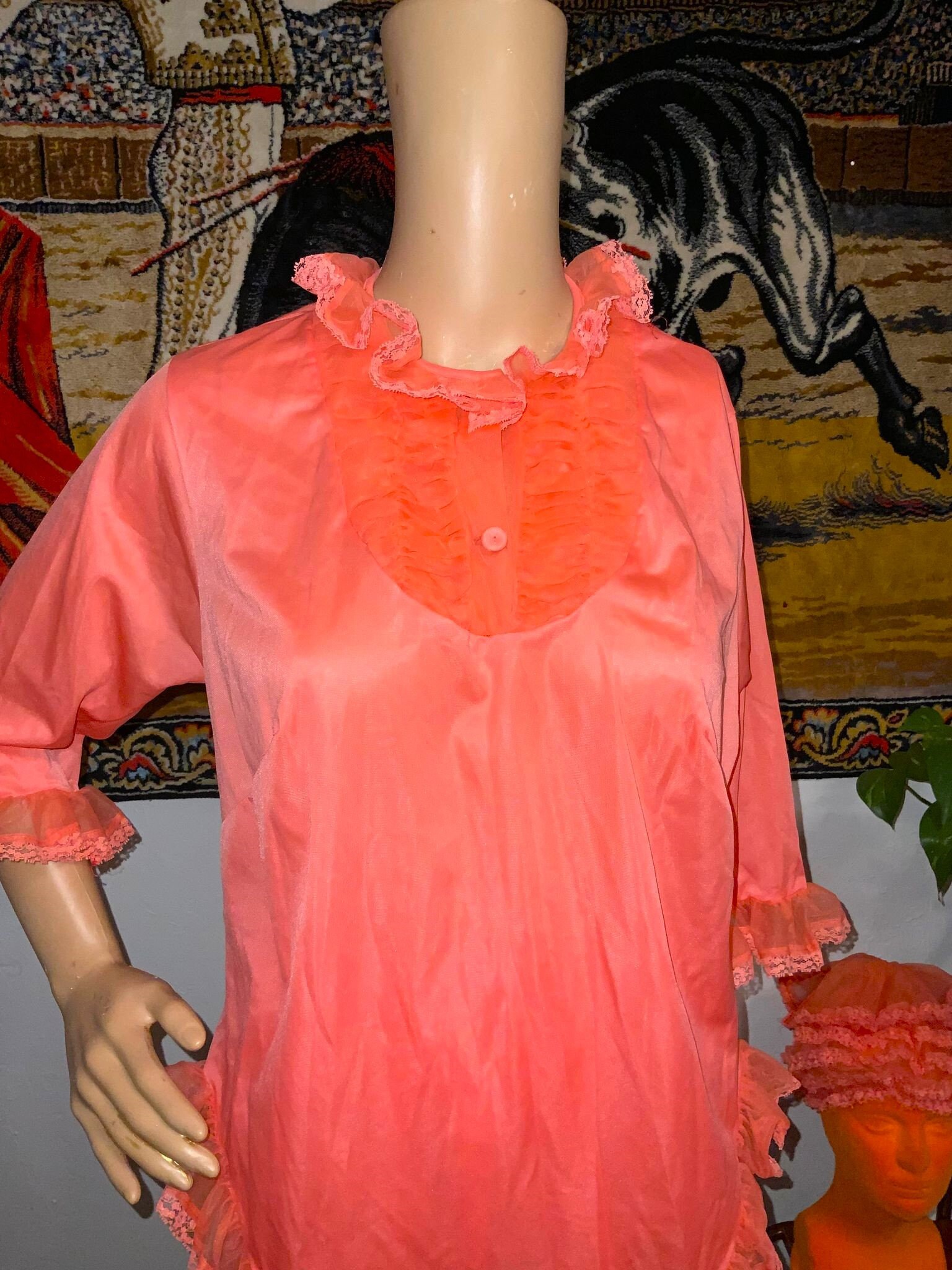Vintage 3 Piece Jer Marai Pink Ruffled Chiffon Pajama Set Including Top ...