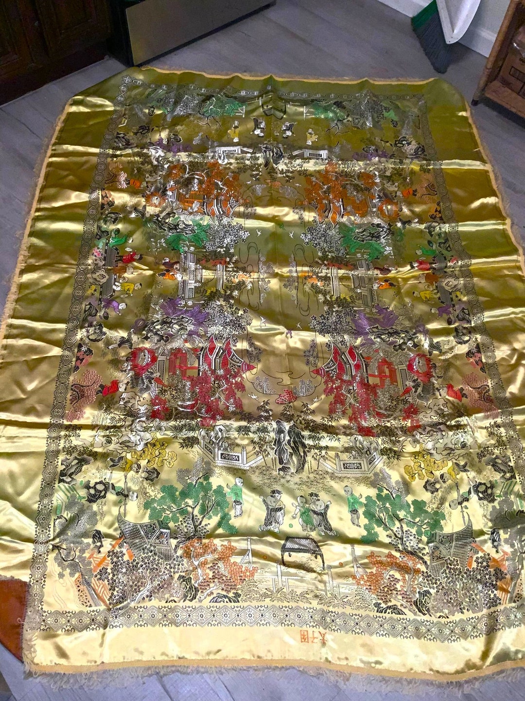 Vintage Asian Brocade Tablecloth/tapestry - Etsy