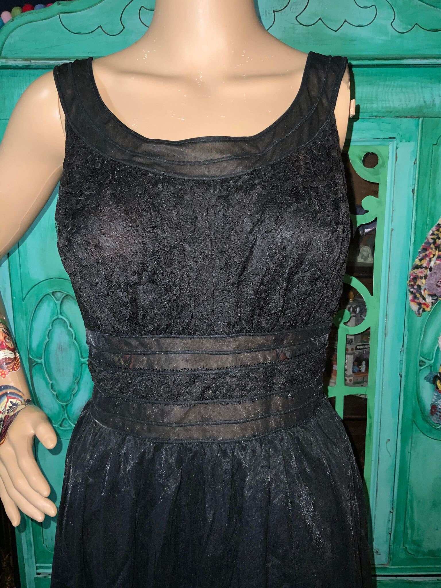 Vintage 1950's Black Shadowline Night Gown Dress With Lace Bodice and ...