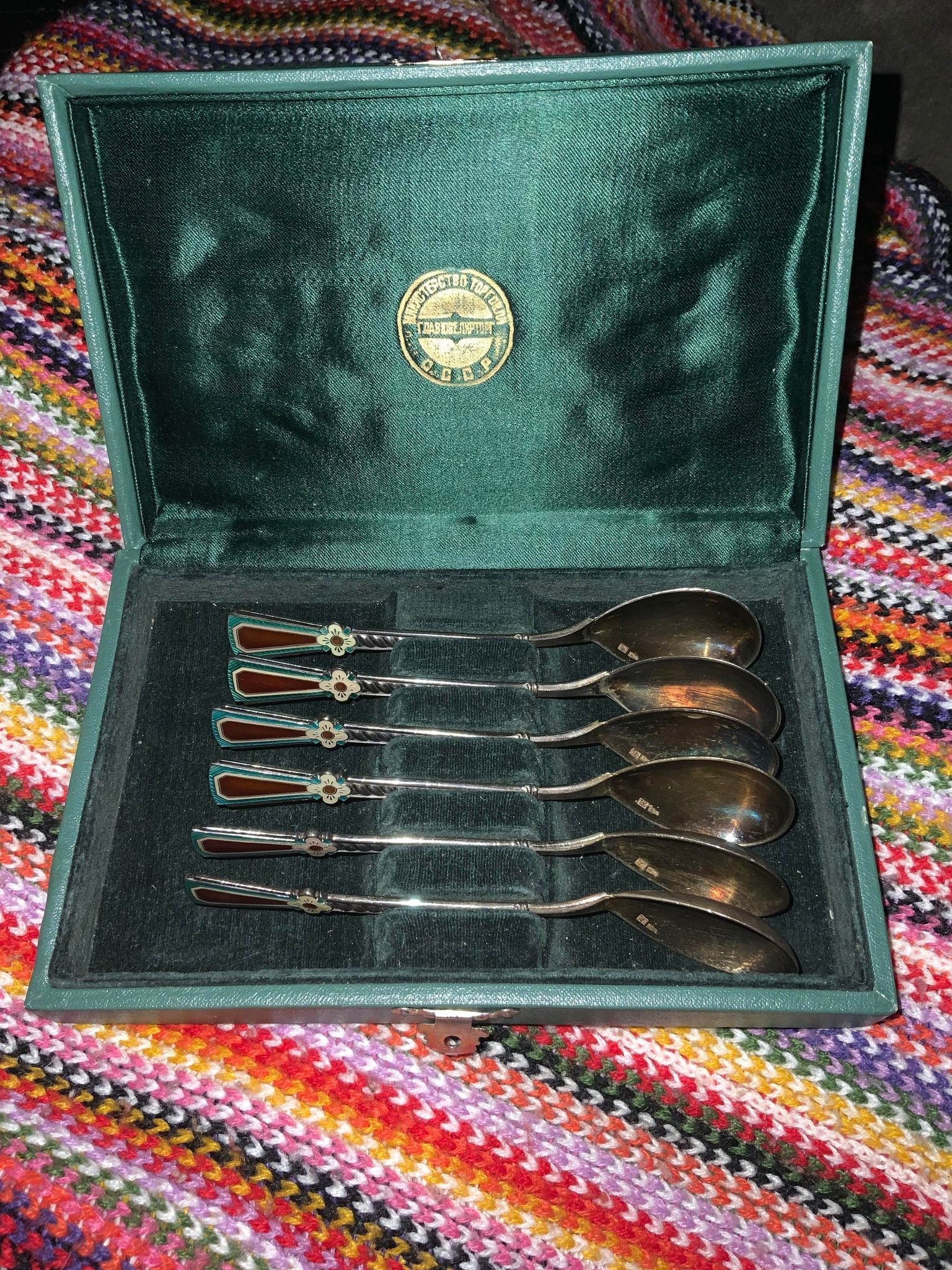 Antique Set of 916 Enamel Russian Silver Dessert Spoons in Original Box ...