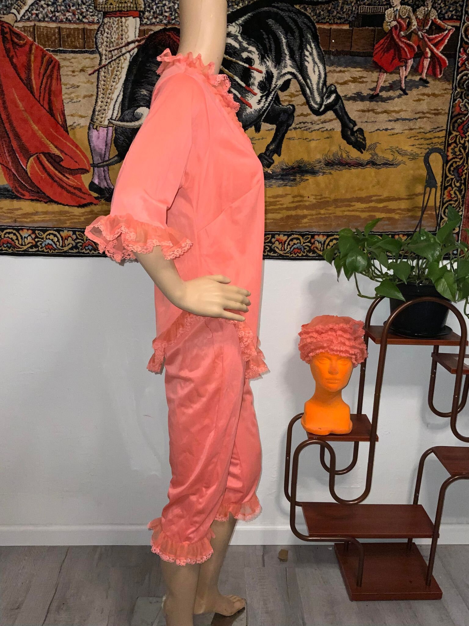 Vintage 3 Piece Jer Marai Pink Ruffled Chiffon Pajama Set Including Top ...
