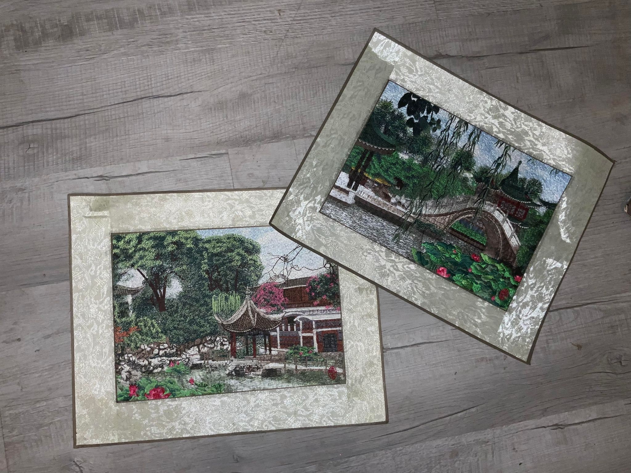 Vintage Oriental Embroidered Panel: Pagoda Bridge Artwork - Etsy