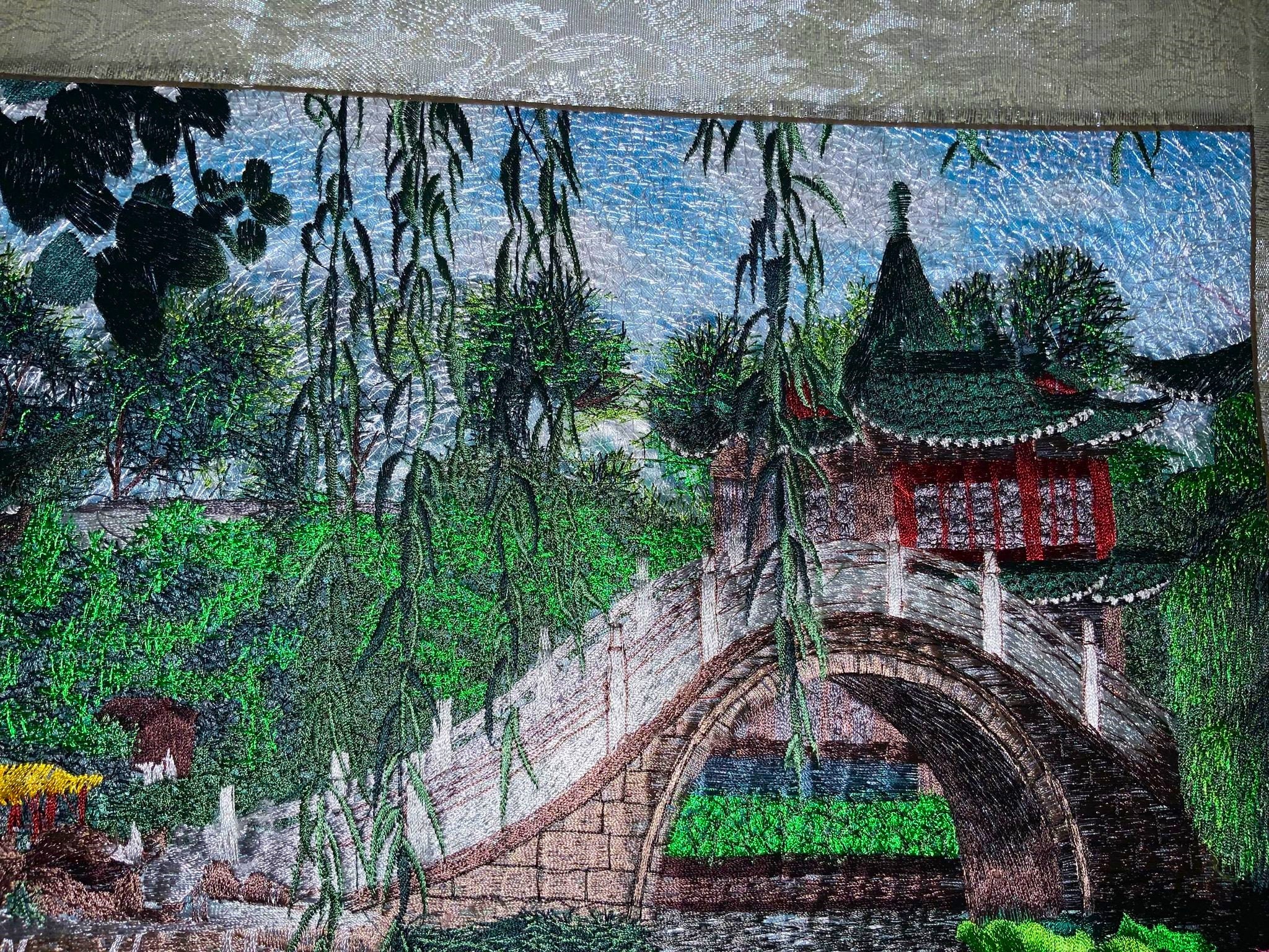 Vintage Oriental Embroidered Panel: Pagoda Bridge Artwork - Etsy