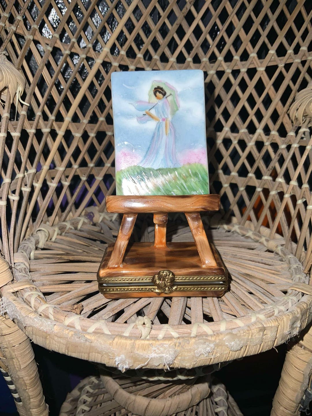 Rare Vintage Limoges Easel W/ Monet Painting Woman With Parasol Trinket ...