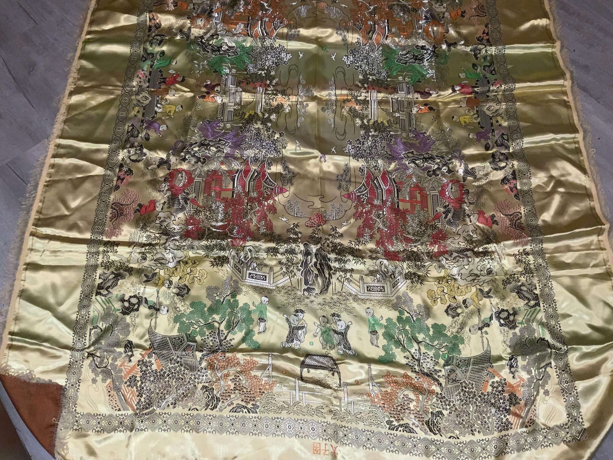 Vintage Asian Brocade Tablecloth/tapestry - Etsy