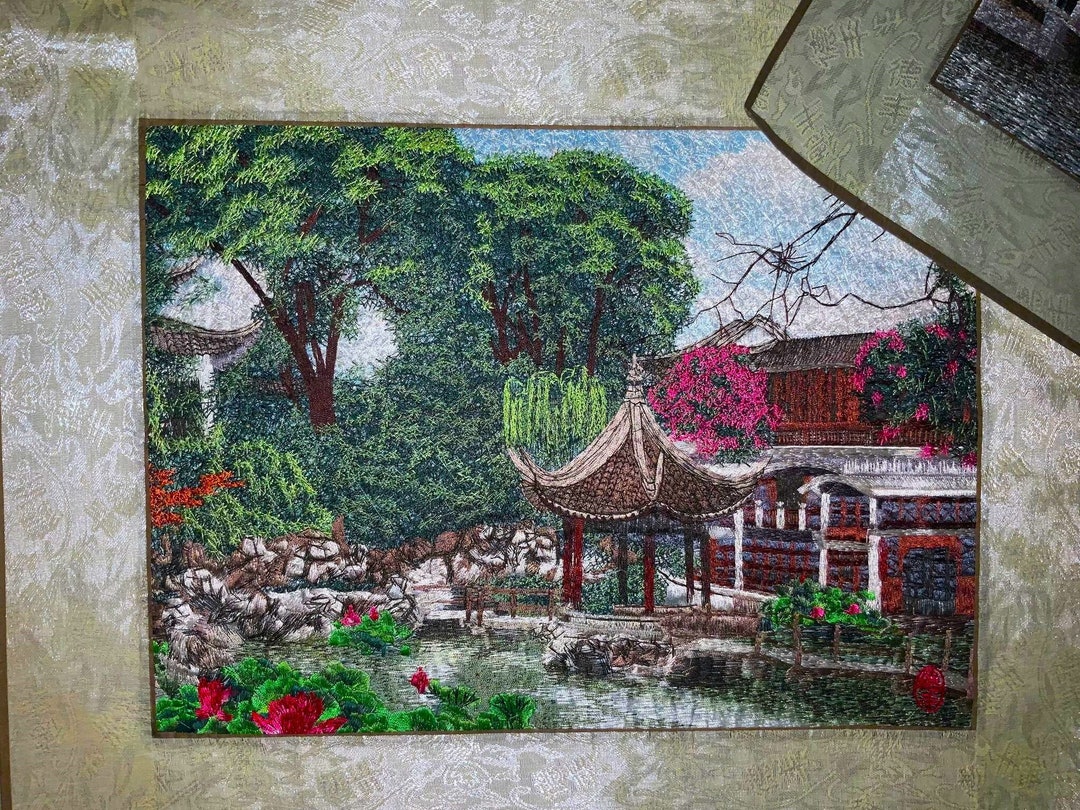 Vintage Oriental Embroidered Pagoda Panel: Handmade Artwork - Etsy