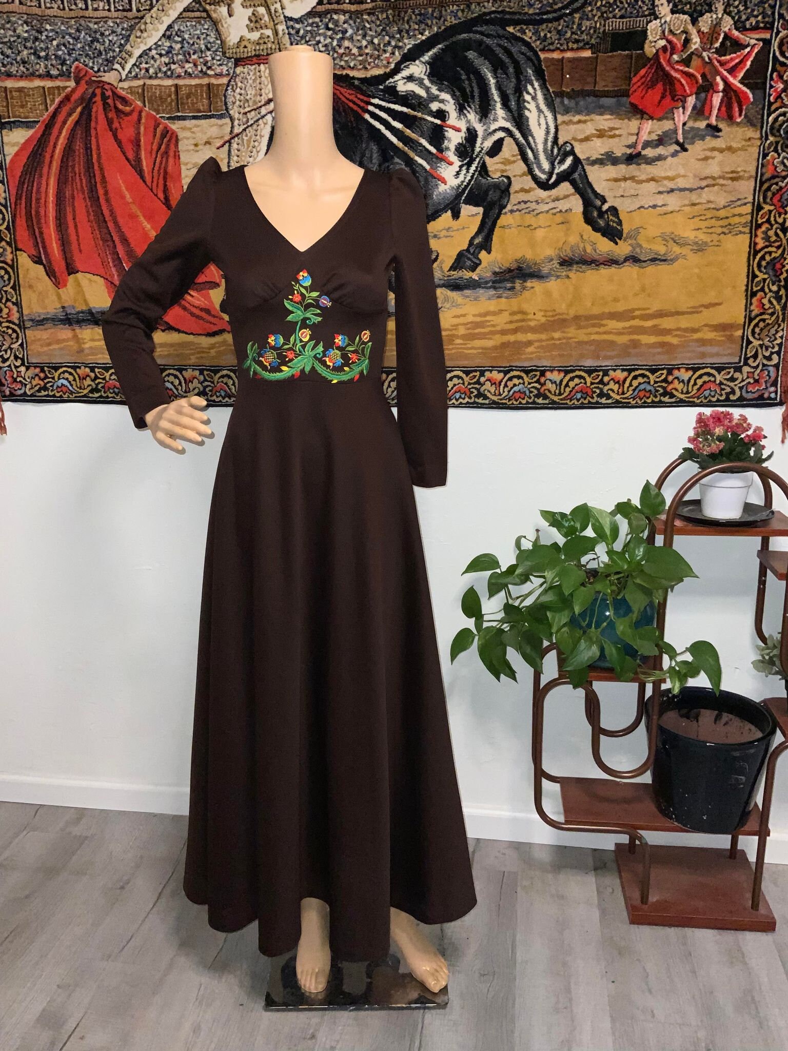 Vintage Brown Floral Embroidered Peasant Maxi Dress With Amazing Floral ...