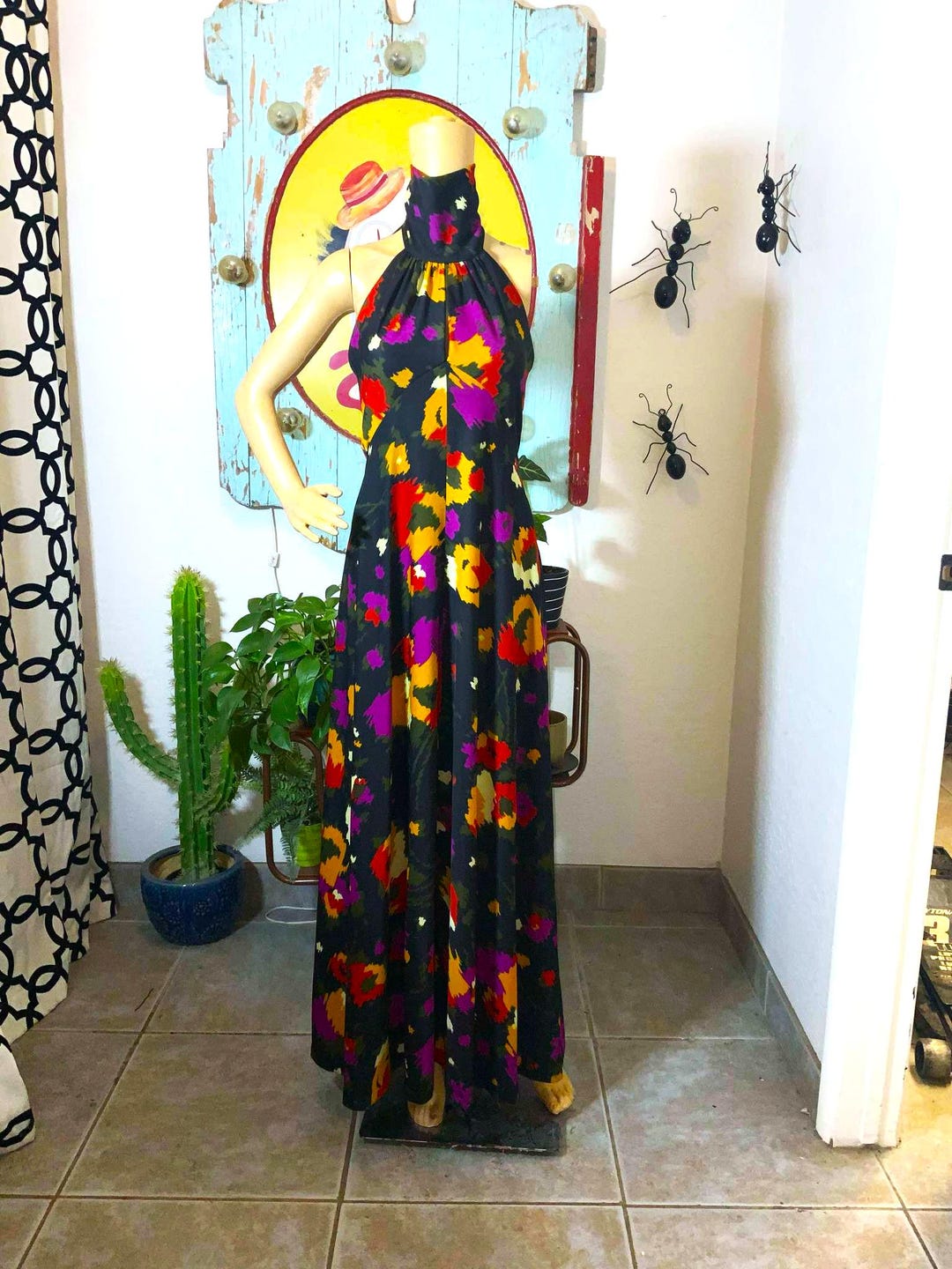 Vintage 70s Bold Colored Print High Neck Halter Dress With Keyhole ...