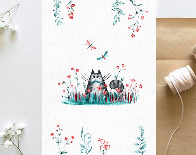 Muttertag druckbare Karte, Aquarell Grußkarte, Tabby Katze Illustration ...