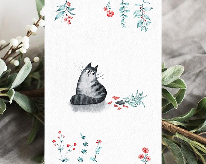 Muttertag druckbare Karte, Aquarell Grußkarte, Tabby Katze Illustration ...