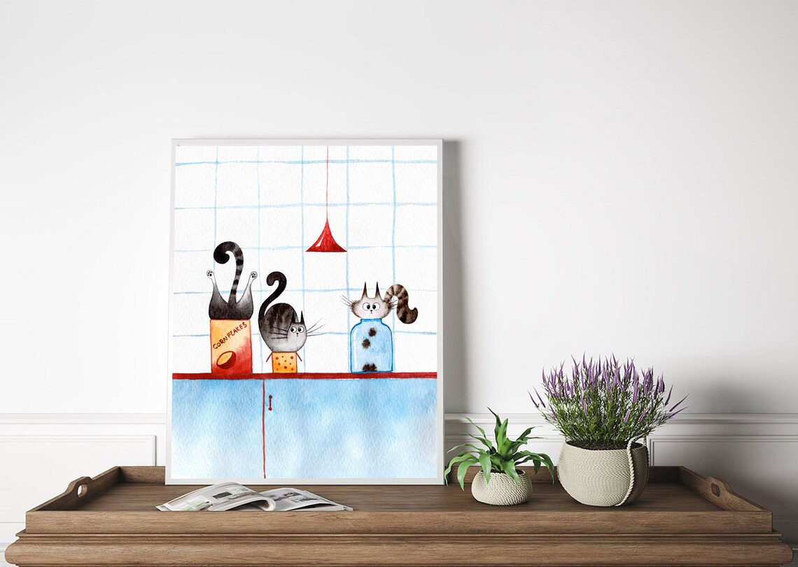 Kitchen Art Watercolor Cat Painting Dining Room Decor - Etsy