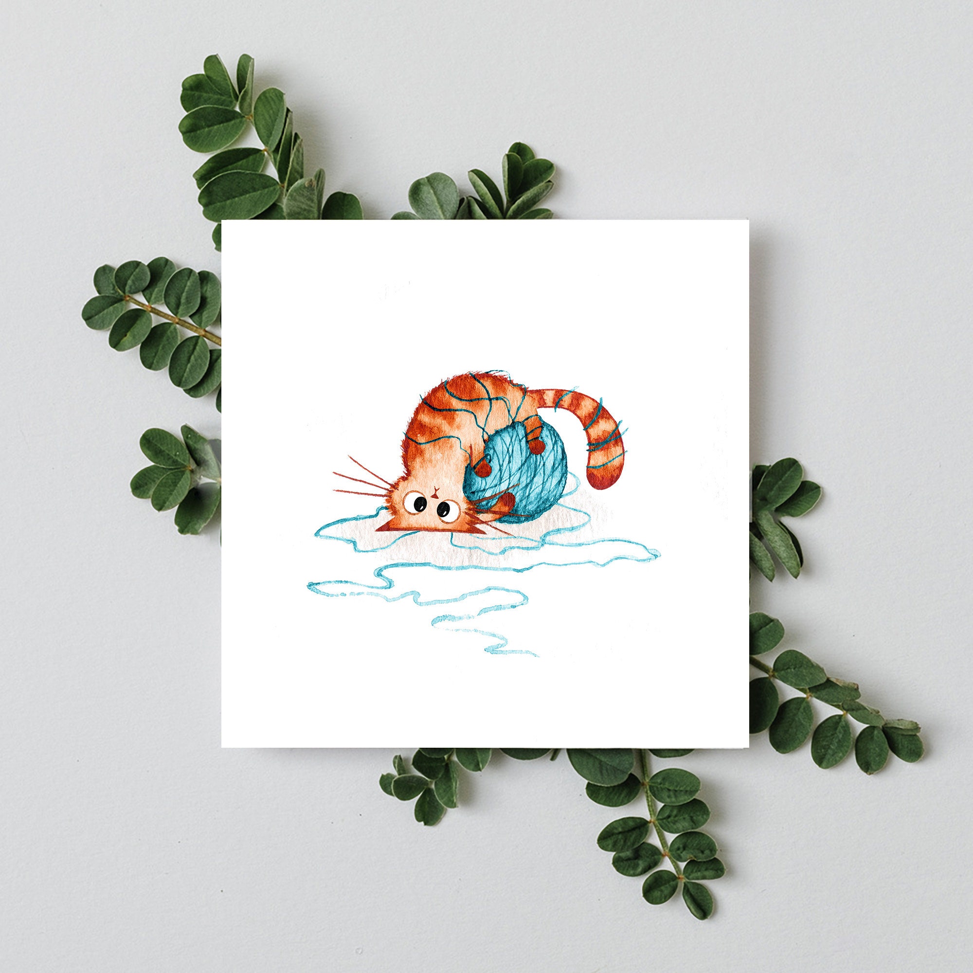 Cat With Yarn Print, Living Room Wall Art, Watercolor Cat Painting, Cat ...