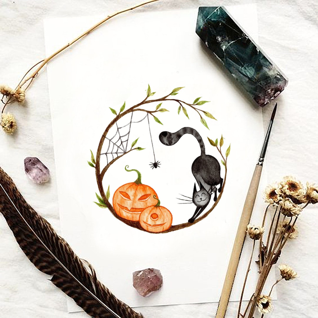 Halloween Black Cat, Halloween Wall Art, Watercolor Printable Postcard ...
